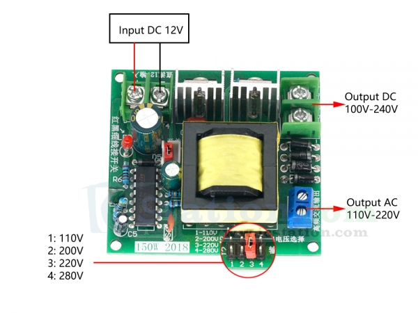 150W Inverter 50Hz/60Hz DC 12V to AC 110V 220V Adjustable Power Supply ...