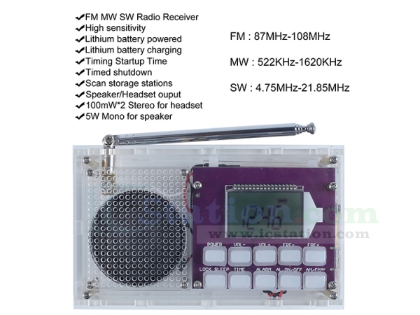 DIY Kit FM MW SW Wireless Radio Receiver DC 3.7V Clock Alarm Radio ...