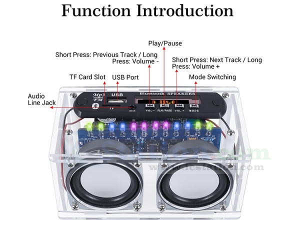 DIY Bluetooth Compatible Speaker Kit with FM Radio, Recording, and LED ...